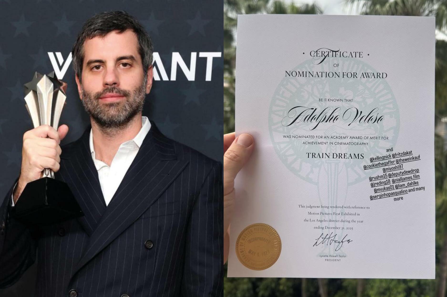 Adolpho Veloso mostra certificado de indicação ao Oscar entregue pela ...